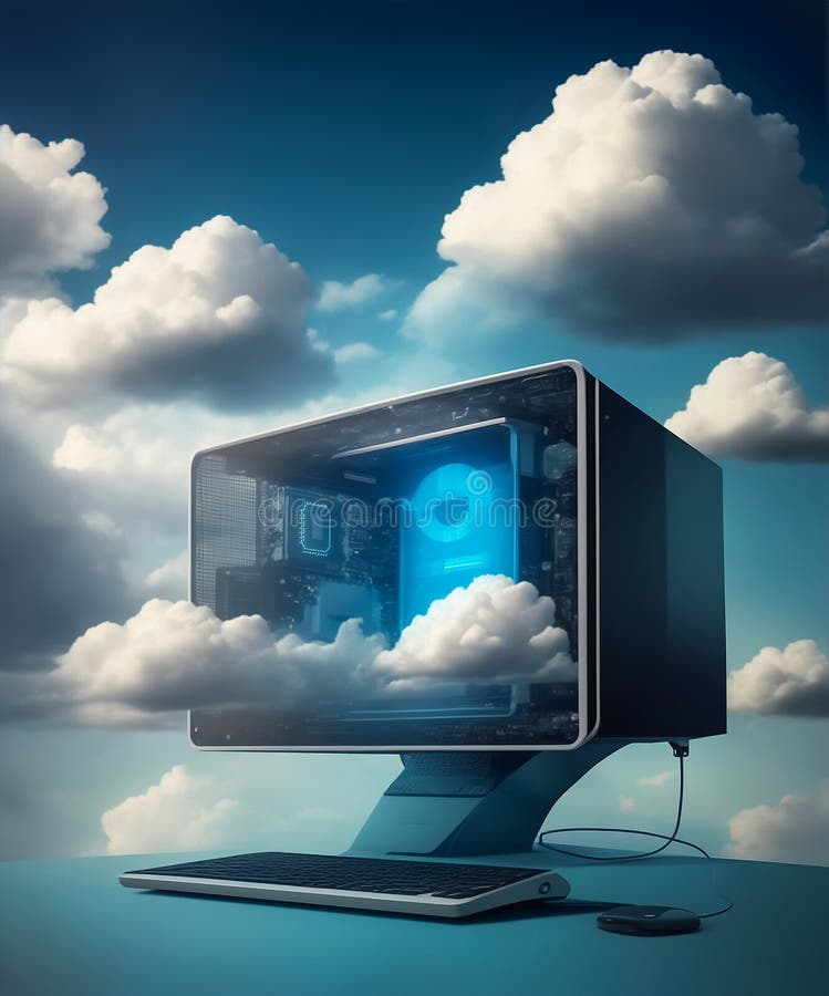 Surreal Desktop Computer with Holographic Elements Stock Illustration ...