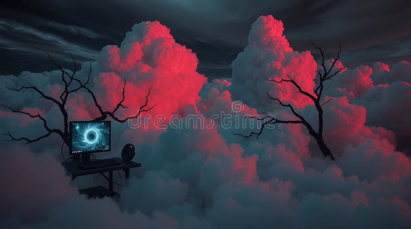 Surreal Desktop Computer Setup Amidst Crimson Clouds and Skeletal Trees ...