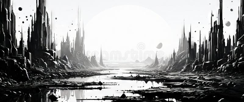 Futuristic Alien Landscape with Towering Dark Structures Stock Image ...