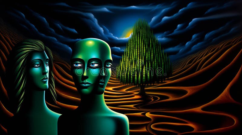 Surreal Digital Artwork Featuring Two Metallic Humanoid Figures Against ...