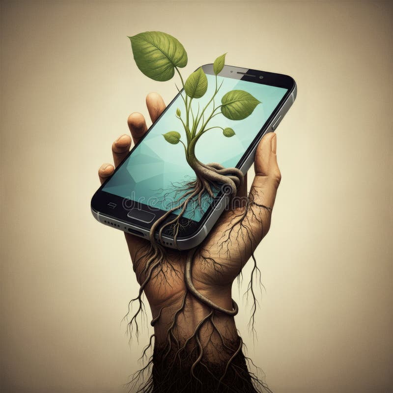 Digital Nature Concept with Smartphone and Growing Plant Roots Symbolizing Technology ...