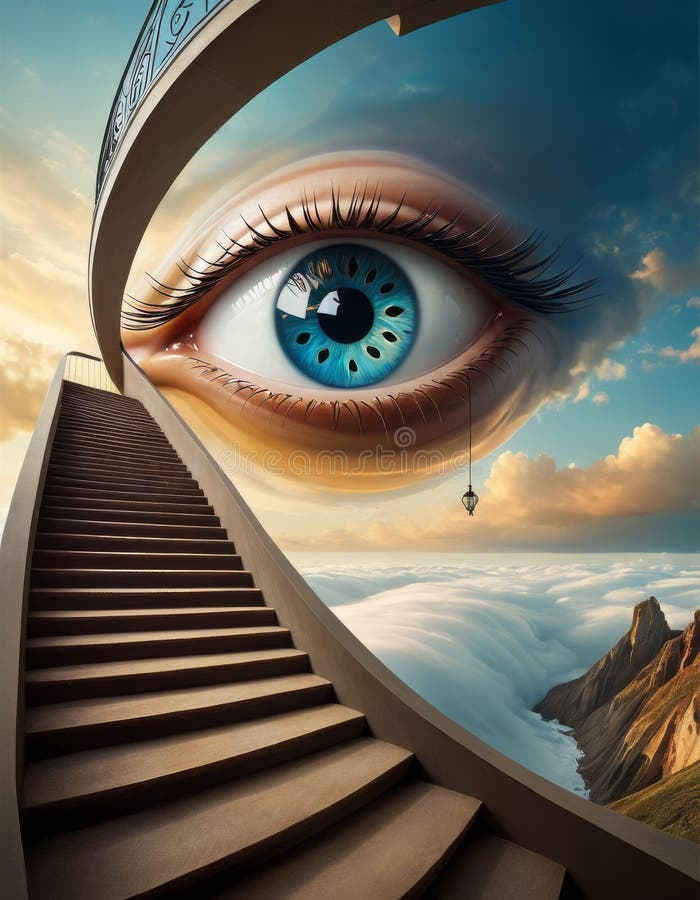 Surreal Eye Staircase with Clouds and Mountains Stock Image - Image of ...