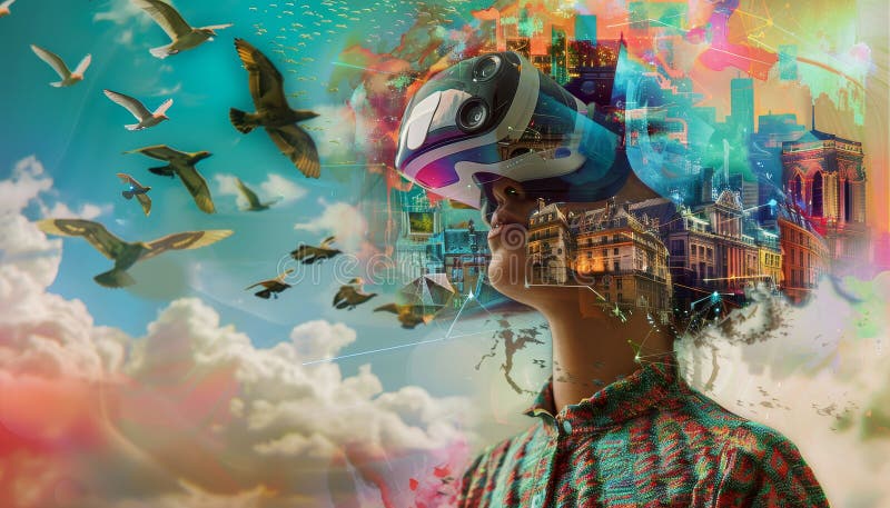 Surreal Digital Collage of VR Experience with Landmarks, Concept of ...