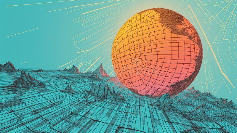 Surreal Digital Earth with a Wireframe Sphere in a Cyber Landscape ...