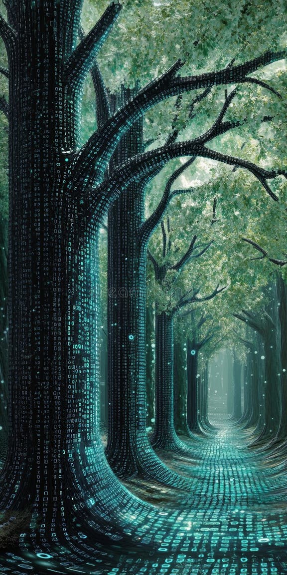 Surreal Digital Forest with Trees Constructed from Binary Code Stock Illustration - Illustration ...