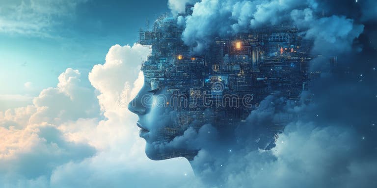 Surreal Digital Fusion: Exploring Mindscape through Clouds and Technology Stock Illustration ...