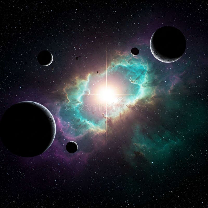 Surreal Outer Space with Planets and Bright Nebula Stock Illustration ...