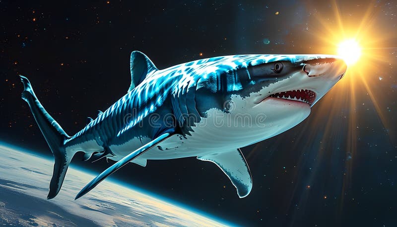 Surreal Digital Image of a Huge Half Transparent Blue Shark is Flying ...
