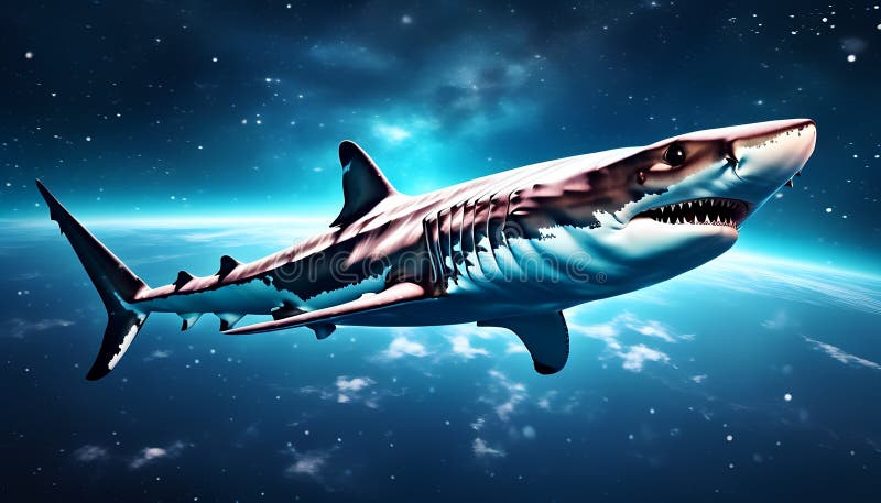 Surreal Digital Image of a Huge Shark is Flying on Outer Space Stock ...