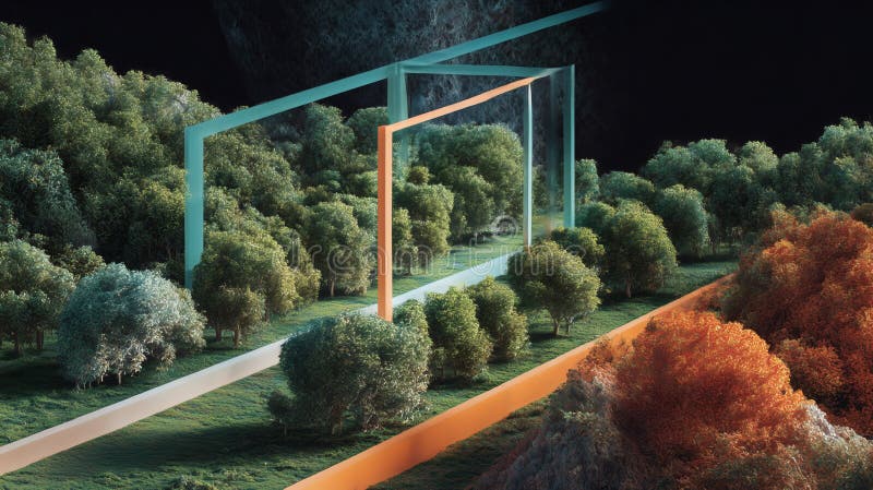 Surreal Forest Landscape with Geometric Portals Futuristic Nature ...