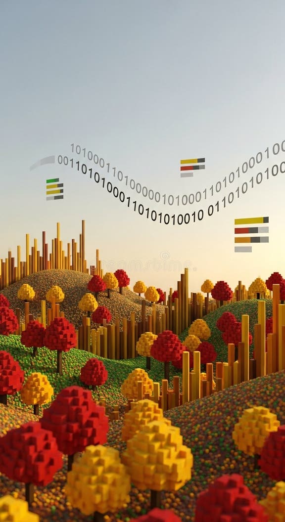 Surreal Digital Landscape Pixelated RedYellow Trees Golden Data Bars ...