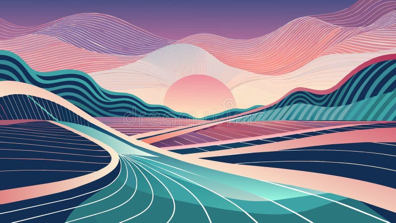 Surreal Digital Landscape with Vibrant Sunset and Wavy Patterns Vector ...