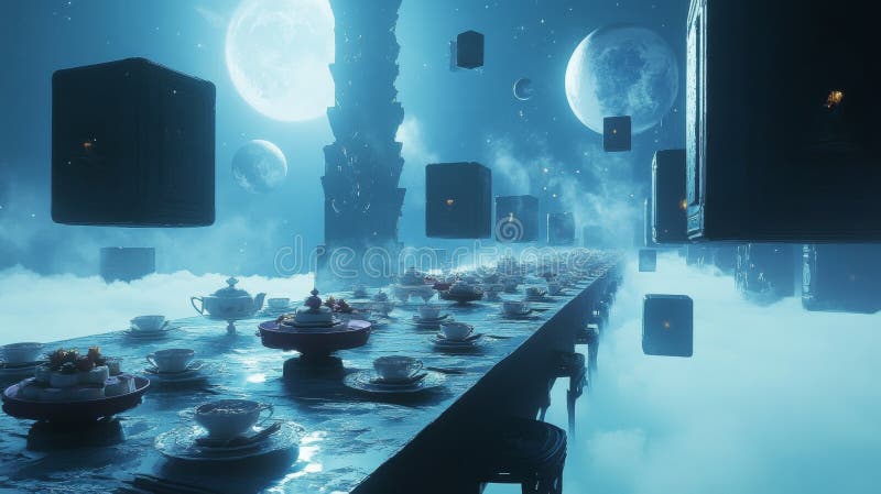 Surreal Dining Table in Floating Celestial Scene Stock Photo - Image of ... Surreal Dining Table in Floating Celestial Scene Stock Photo - Image of ...