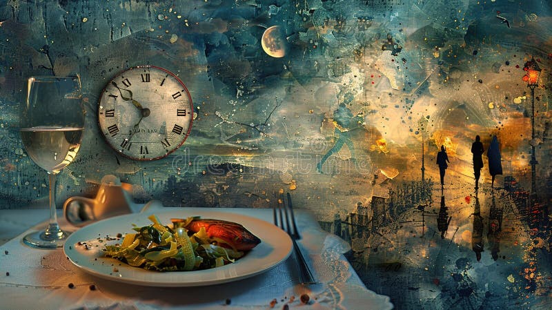 Surreal Dinner Setting with a Clock and Abstract Cityscape Background ...
