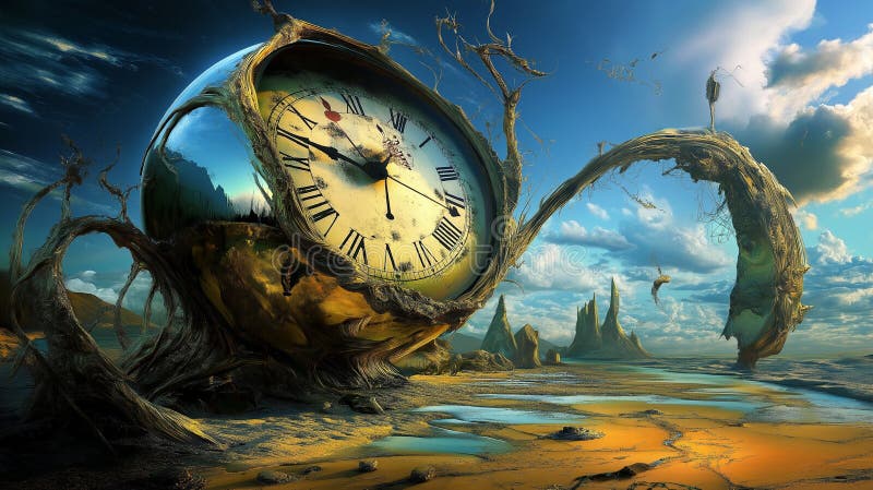 Surreal Display of a Melting Clock in Desolate Landscape with Twisted ...