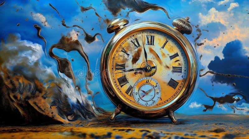 Surreal Display of a Melting Clock in Desolate Landscape with Twisted ...