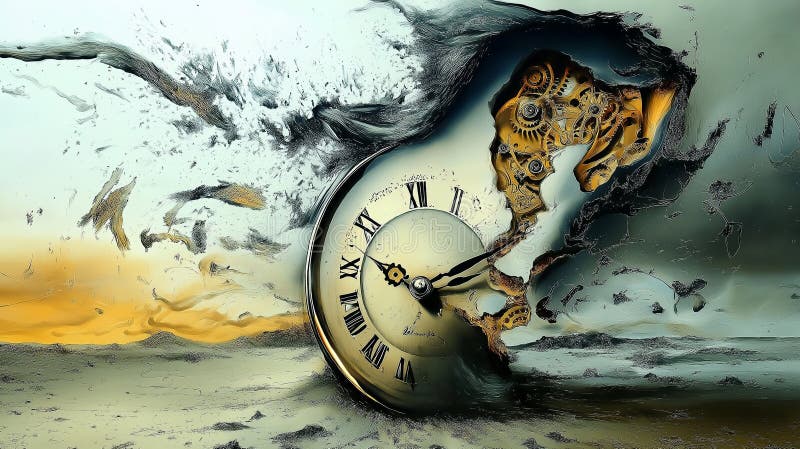 Surreal Display of a Melting Clock in Desolate Landscape with Twisted ...