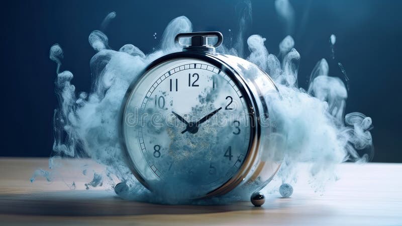 Surreal Dissolving Alarm Clock on Wooden Table in a Misty, Dreamy ...