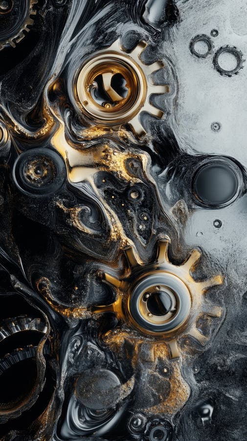 Surreal Dissolving Gears in Liquid with Abstract AI Elements Stock ...