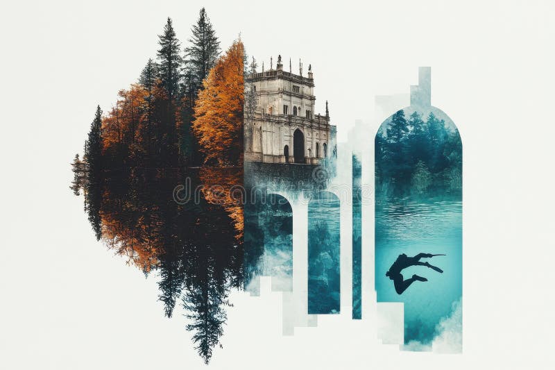 Surreal Double Exposure of Architectural Elements and Forest Reflection ...