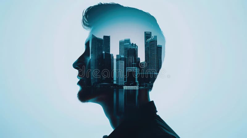 Surreal Double Exposure of Human and City Skyline Stock Illustration ...