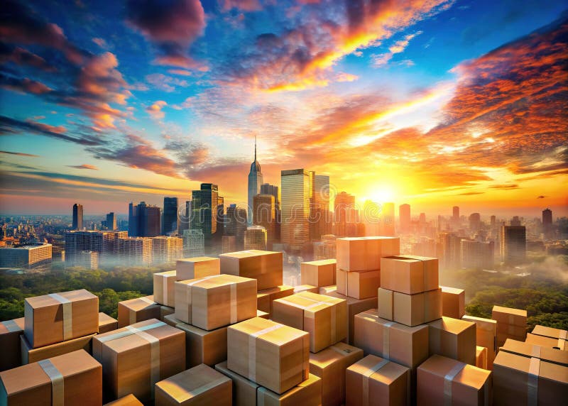 Surreal Double Exposure Moving Boxes Against a Stunning City Sunset a ...