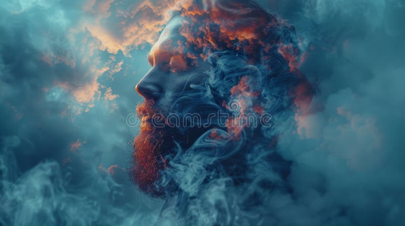 Surreal Double Exposure Portrait of a Bearded Man Blending with ...