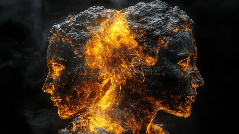 Two Dark Sculpted Heads Merging with Fire and Smoke. Stock Illustration ...