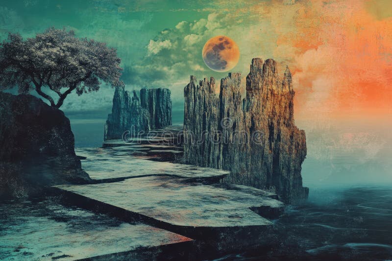 A Surreal Landscape with a Large Moon, Stone Cliffs, and a Tree Stock ...