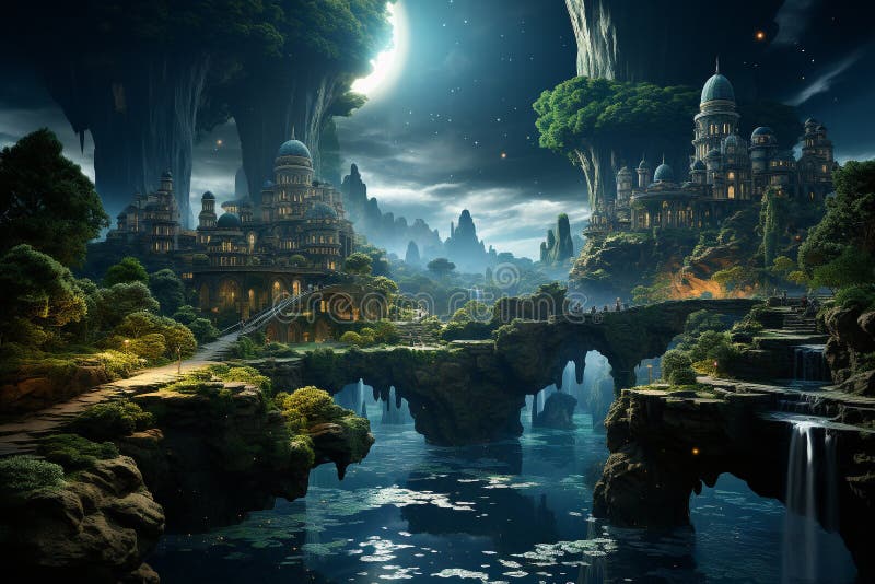 Dreamlike Landscape with Surreal Floating Islands and Waterfalls Stock ...