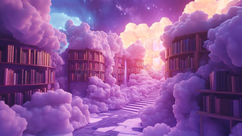 Surreal Dreamlike Library among Purple and Pink Clouds Under a Starry ...