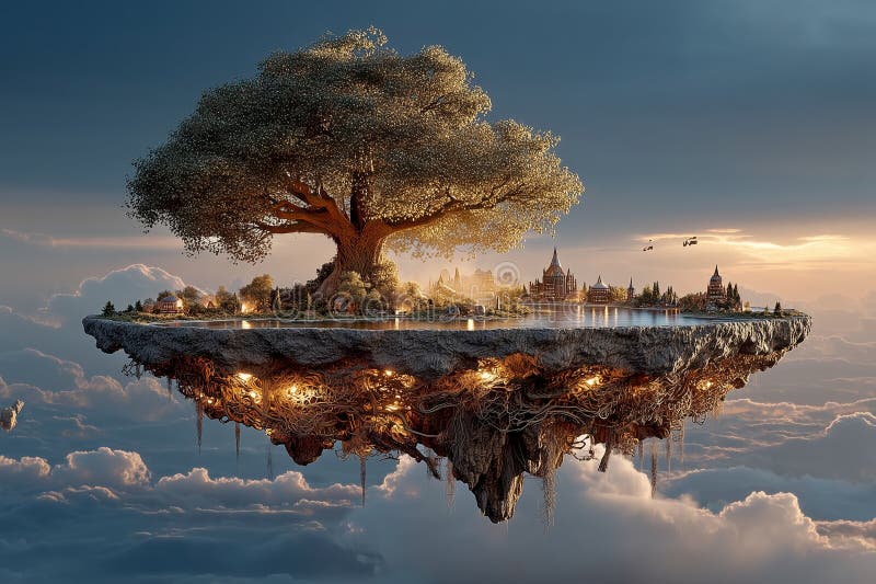 Surreal Upside-down Tree with Roots Exposed in Sky Above Floating ...