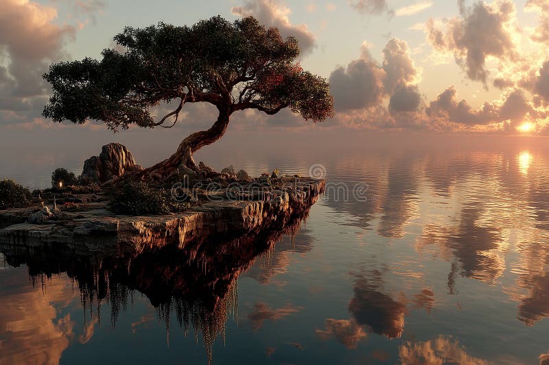 Surreal Upside-down Tree with Roots Exposed in Sky Above Floating ...