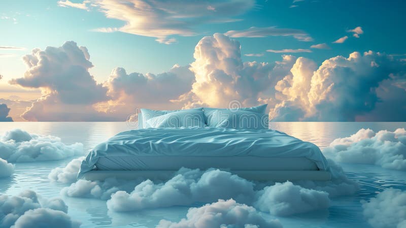 Surreal Dreamlike Scene of a Luxurious Bed Floating on Clouds Over ...