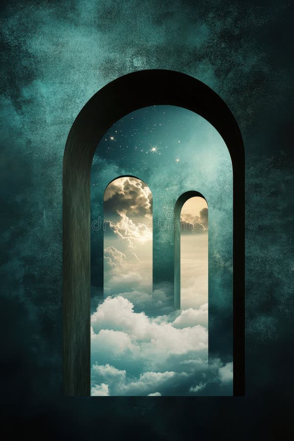 Surreal Dreamscape: Arches Leading To Starry Sky Above Clouds. Stock ...