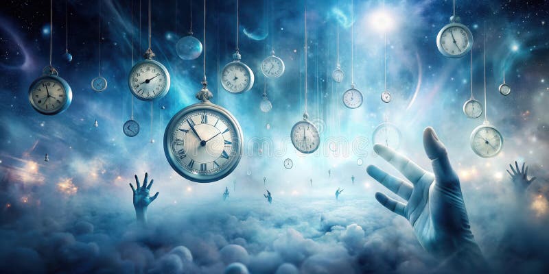 Surreal Dreamscape of Celestial Clocks and Reaching Hands in a Cloud ...