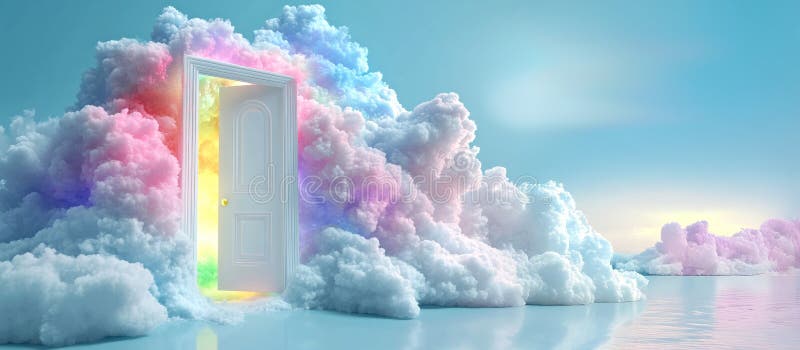 Surreal Dreamscape with Doorway To Multicolored Cloud Realm in Tranquil Sky Stock Illustration ...