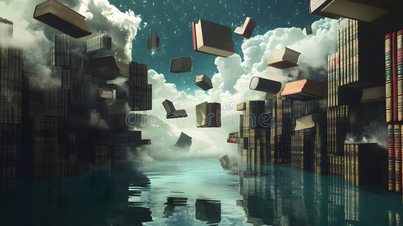 Surreal Dreamscape with Floating Books Stock Illustration ...