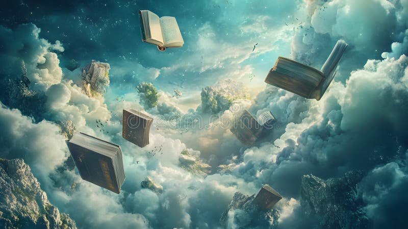 Surreal Dreamscape with Floating Books Stock Illustration ...