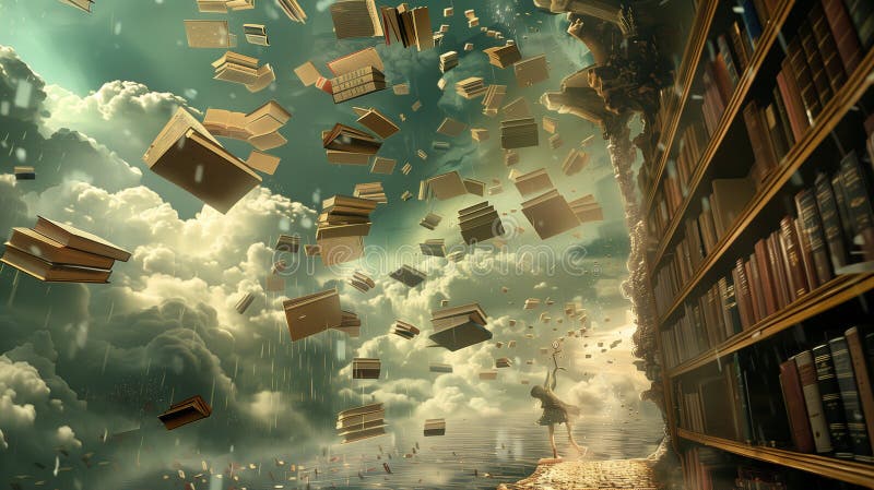 Surreal Dreamscape with Floating Books Stock Illustration ...