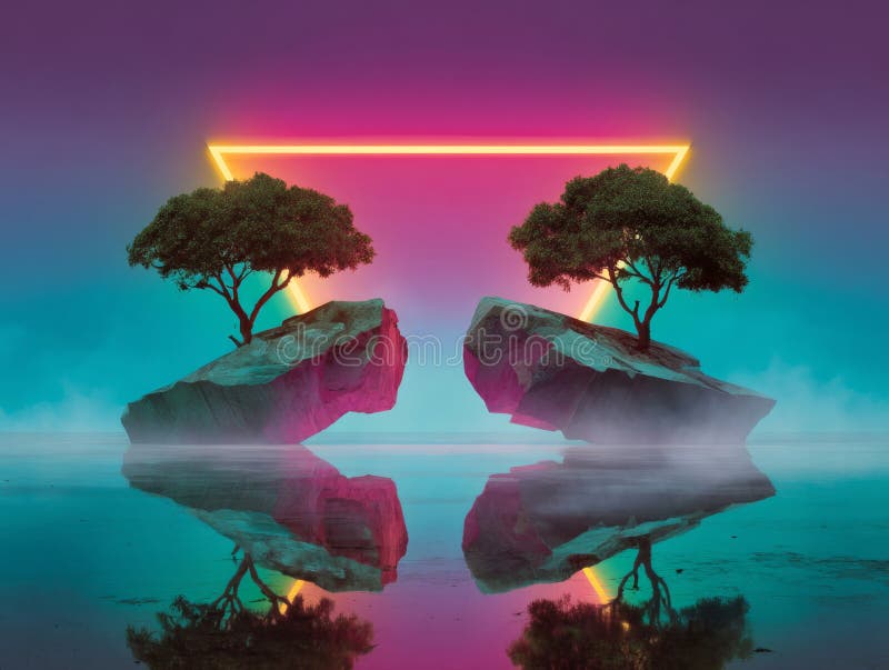 Surreal Dreamscape of Floating Rocks and Trees with Triangular Neon ...