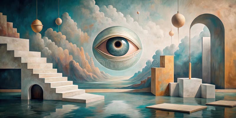 Surreal Dreamscape with a Giant Eye, Floating Globes, and Geometric ...