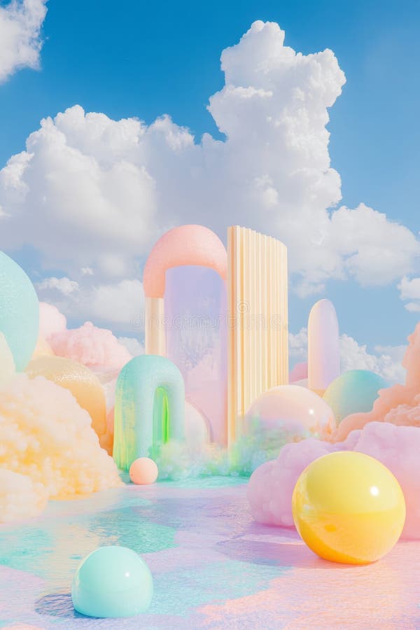 Surreal Dreamscape with Pastel Clouds and Futuristic Structures Under a ...