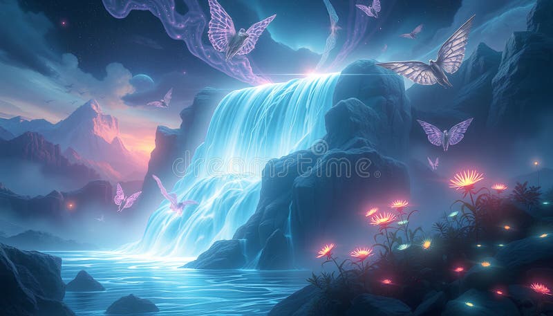 Surreal Dreamscape with a Waterfall Made of Liquid Light, Ethereal ...