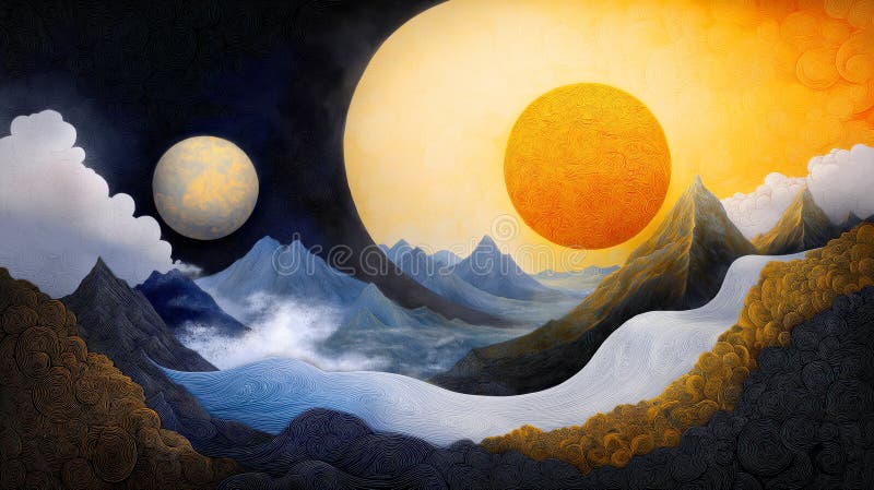 Surreal Dual Sun and Moon Landscape with Mountains and Clouds in ...