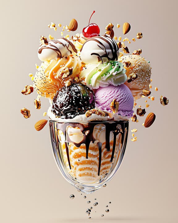 Floating Ice Cream Sundae with Nuts and Chocolate Drizzle Stock ...