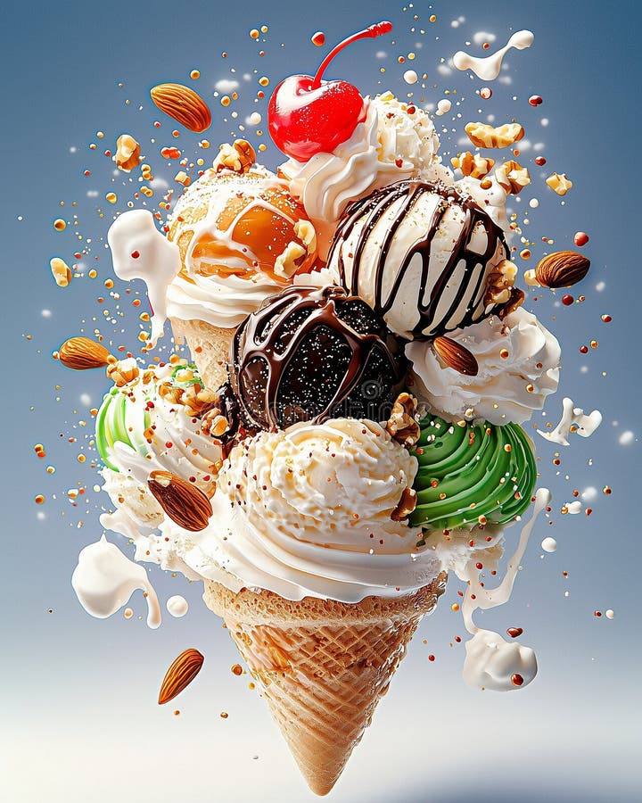 Floating Ice Cream Sundae with Nuts and Chocolate Drizzle Stock ...