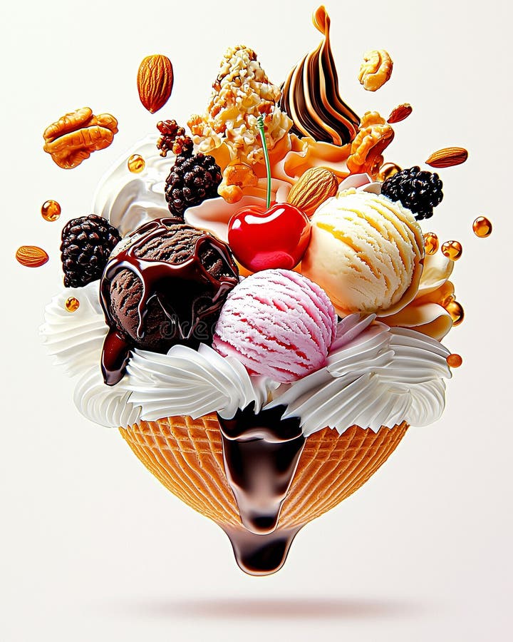 Floating Ice Cream Sundae with Nuts and Chocolate Drizzle Stock ...