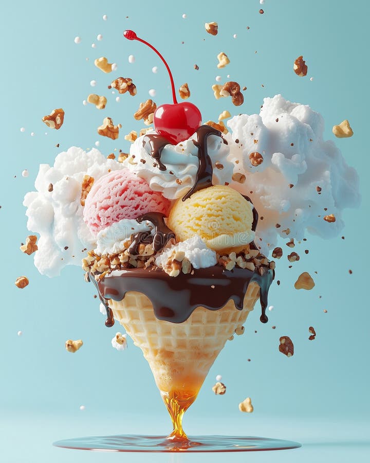 Floating Ice Cream Sundae with Nuts and Chocolate Drizzle Stock ...