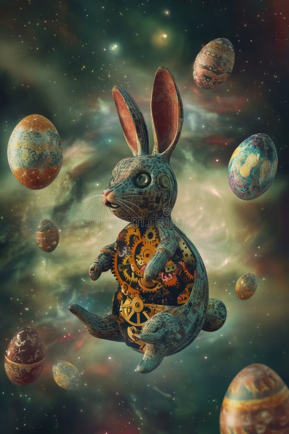 A Surreal Easter Bunny with Clockwork Gears Inside Its Body, Surrounded ...